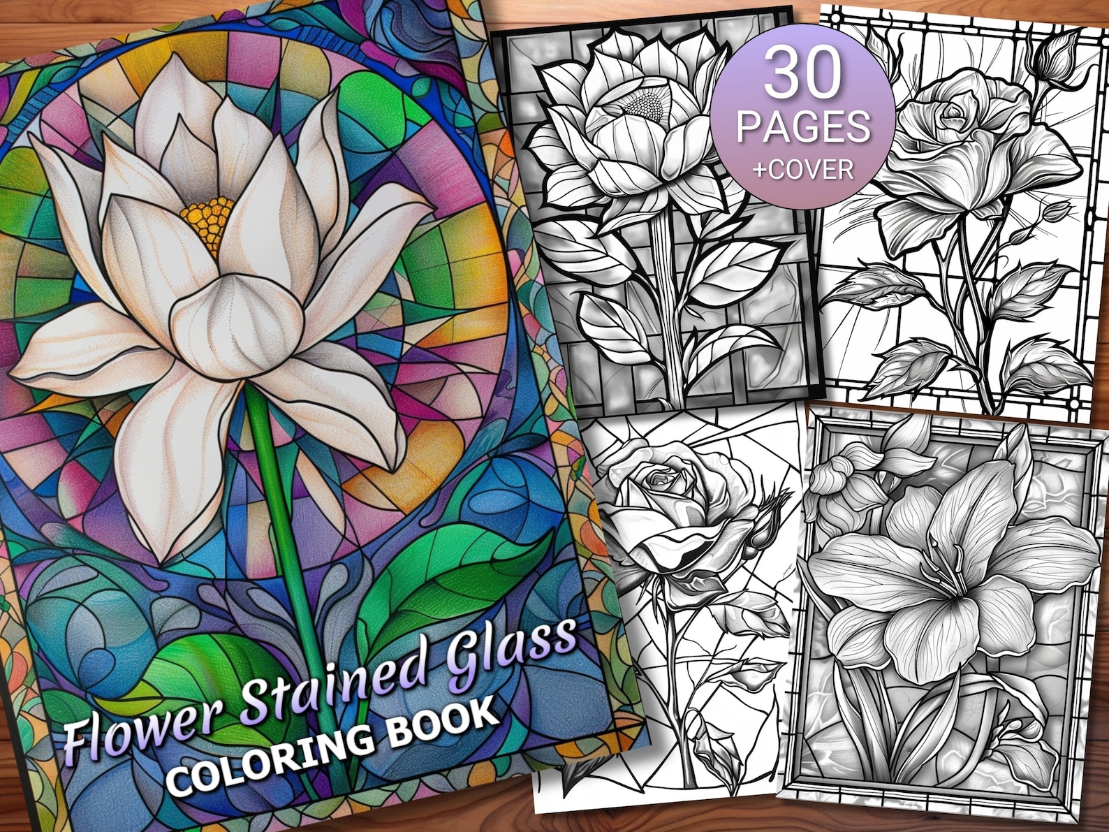 30 Flower Stained Glass Coloring Page Book - Adults + Kids - Instant ...