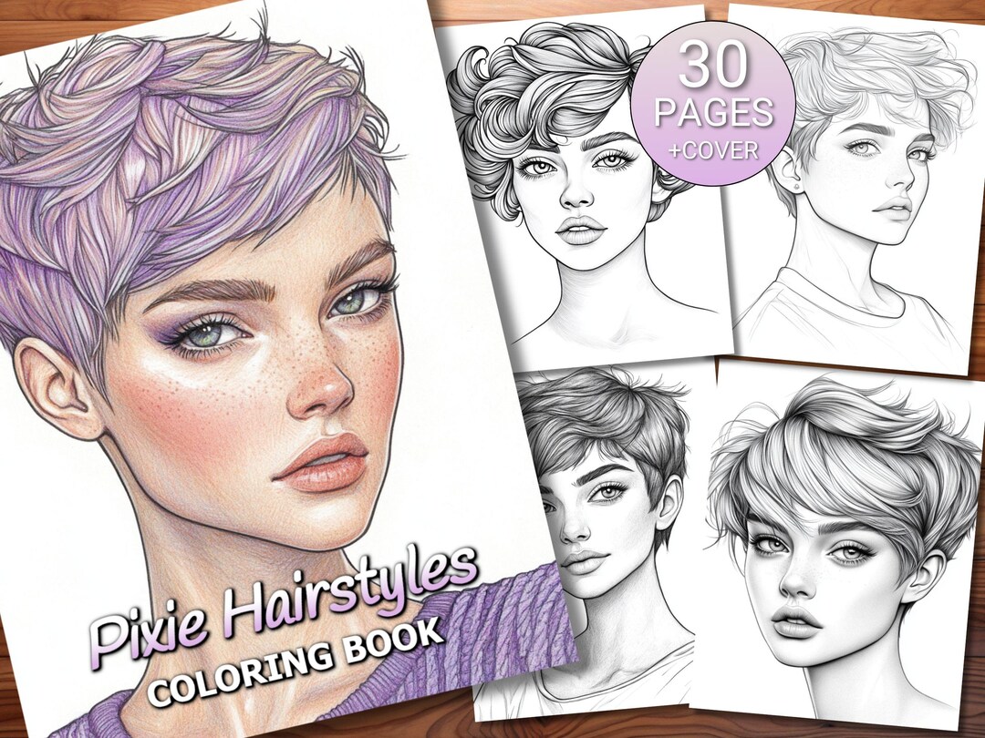 30 Pixie Hairstyles Coloring Page Book - Adults + Kids - Instant ...
