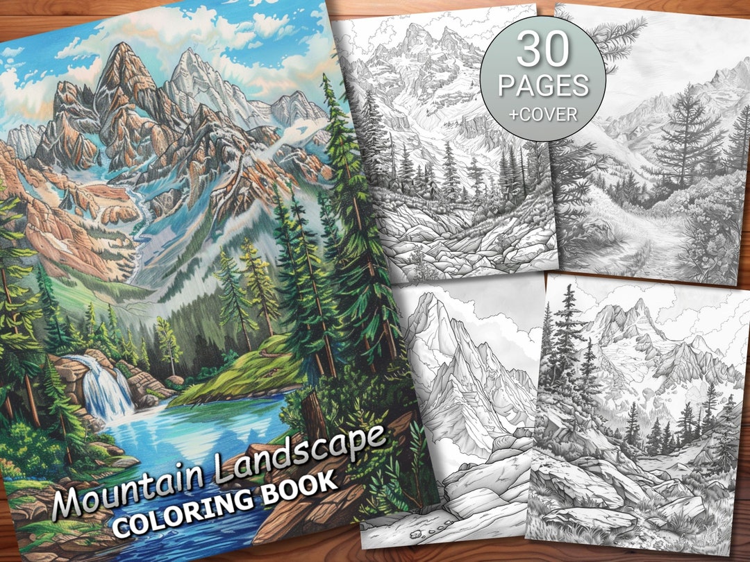 30 Mountain Landscape Coloring Page Book - Adults + Kids - Instant ...