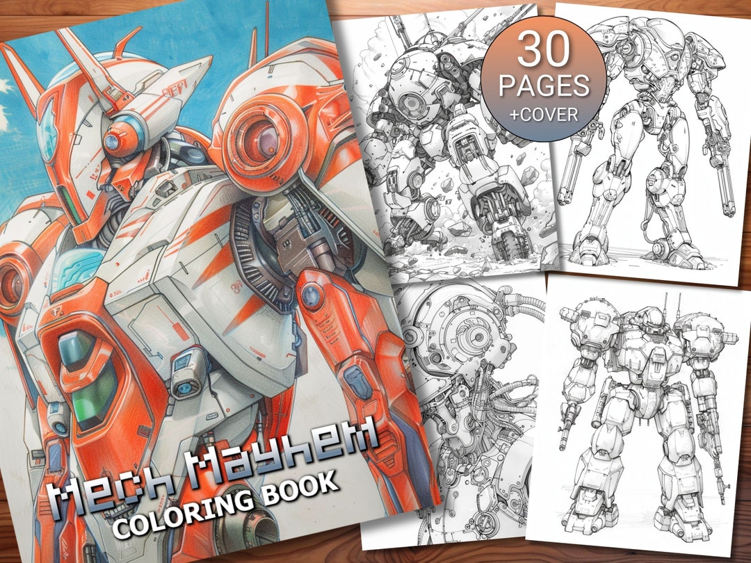 30 Mech Mayhem Coloring Page Book - Adults + Kids - Instant Download ...