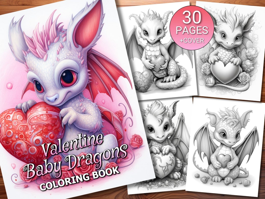 30 Valentine Baby Dragons Coloring Page Book - Adults + Kids - Instant ...