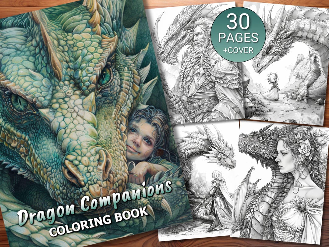 30 Dragon Companions Coloring Page Book - Adults + Kids - Instant ...