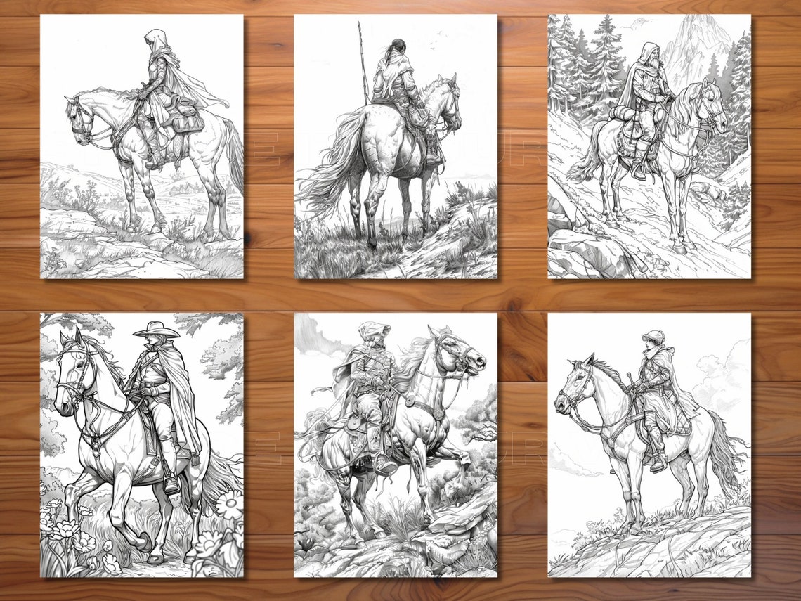 30 Horseback Adventures Coloring Page Book - Adults + Kids - Instant ...