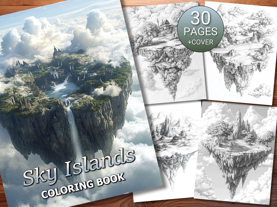 30 Sky Islands Coloring Page Book - Adults + Kids - Instant Download ...
