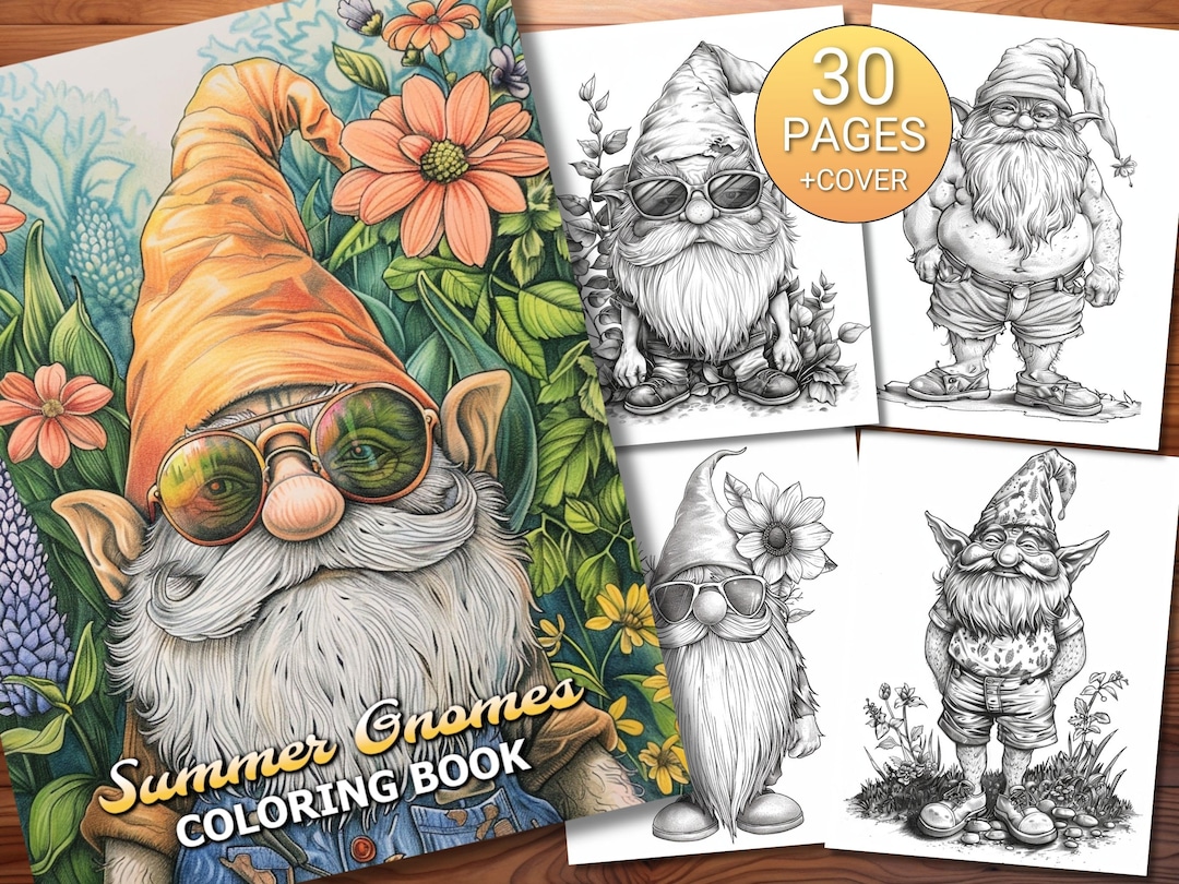 30 Summer Gnomes Coloring Page Book - Adults + Kids - Instant Download ...