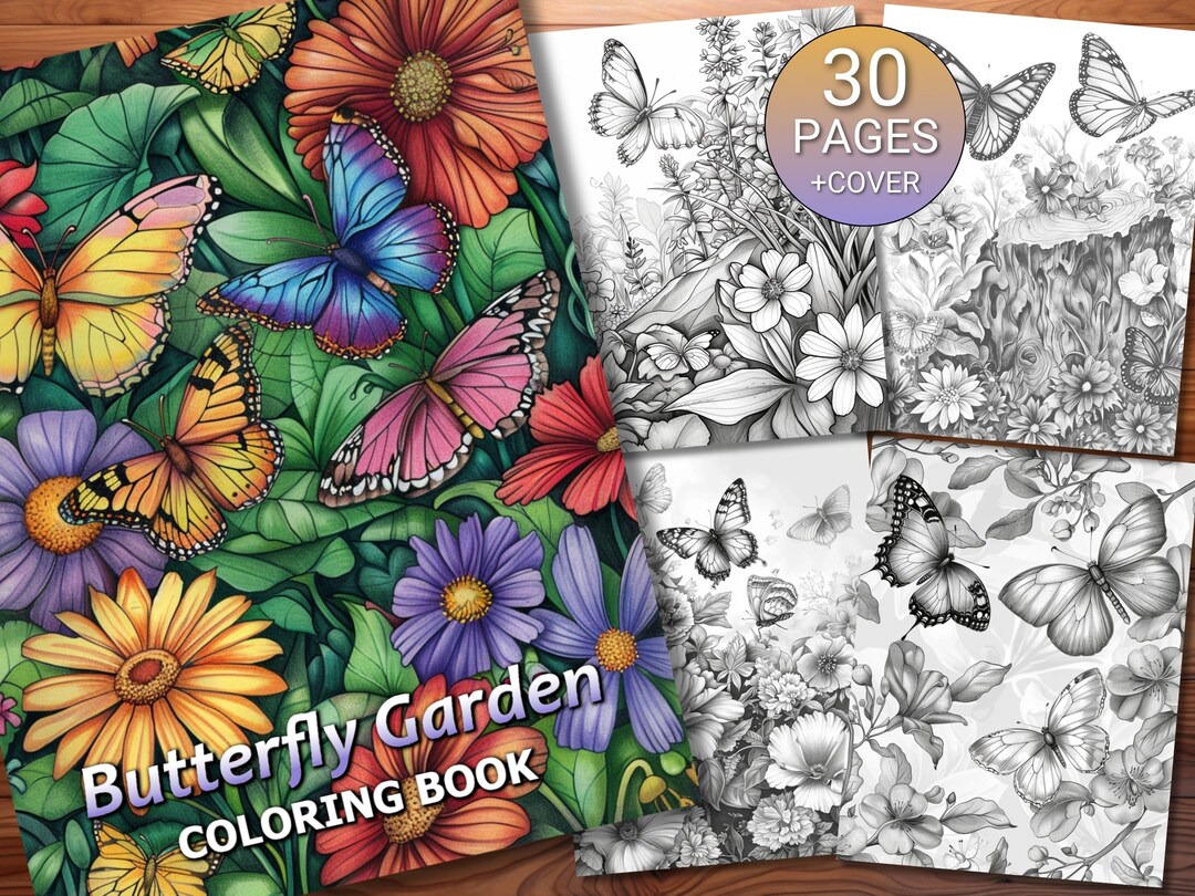 30 Butterfly Garden Coloring Page Book - Adults + Kids - Instant ...