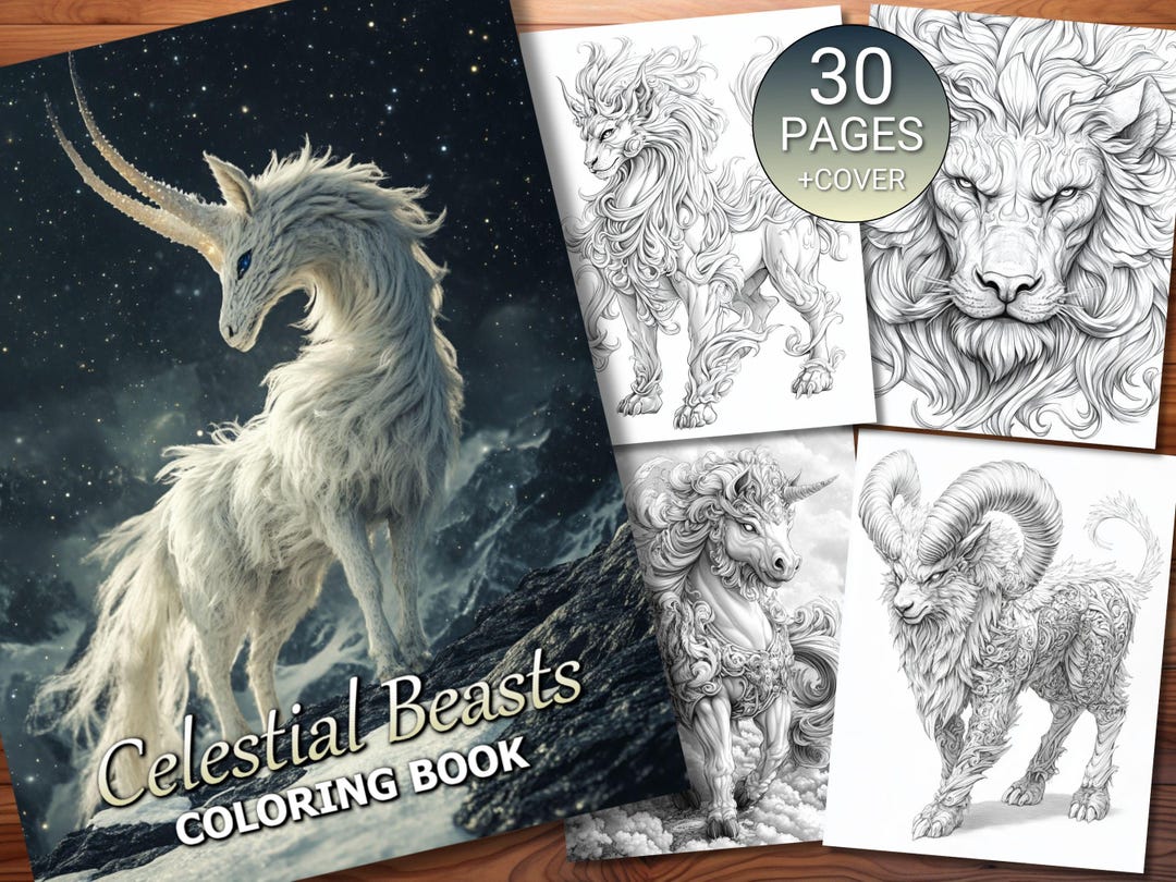 30 Celestial Beasts Coloring Page Book - Adults + Kids - Instant Download - Grayscale Coloring ...