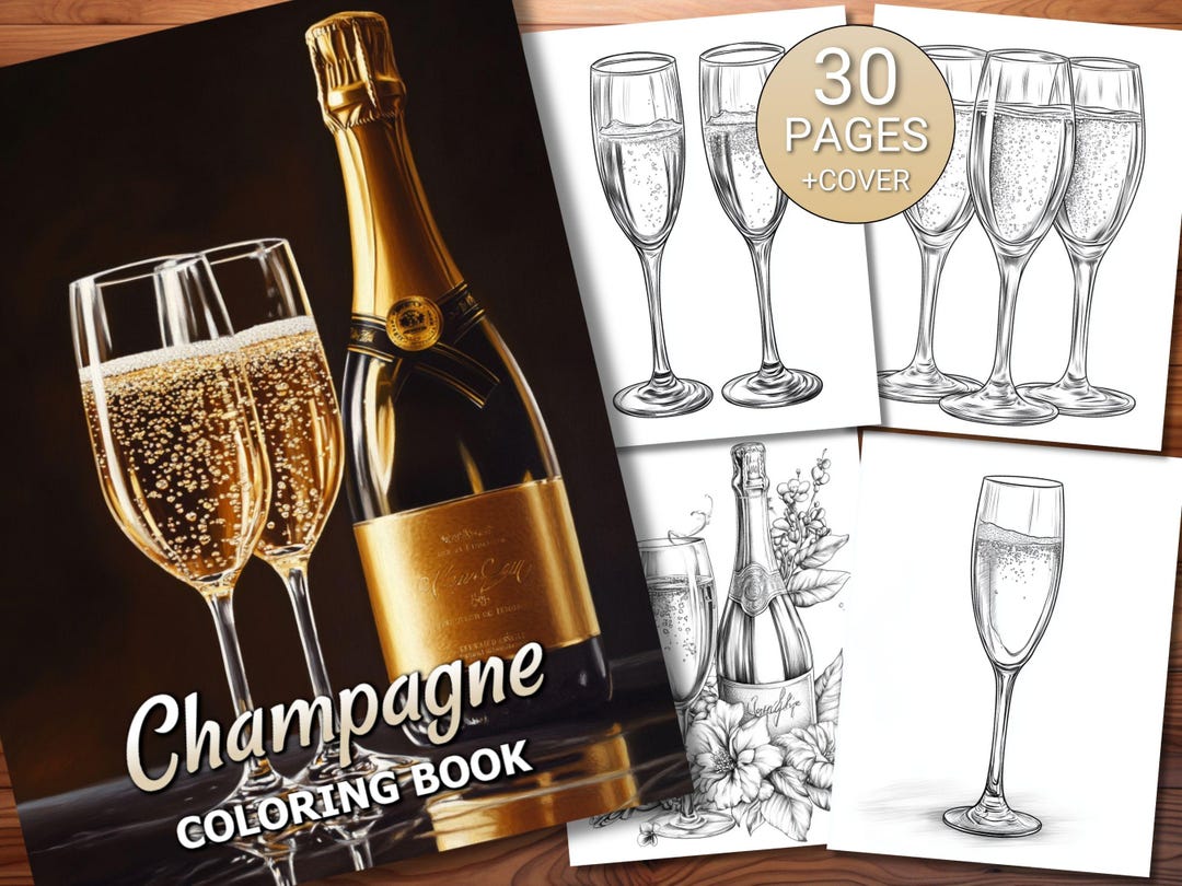 30 Champagne Coloring Page Book - Adults + Kids - Instant Download ...