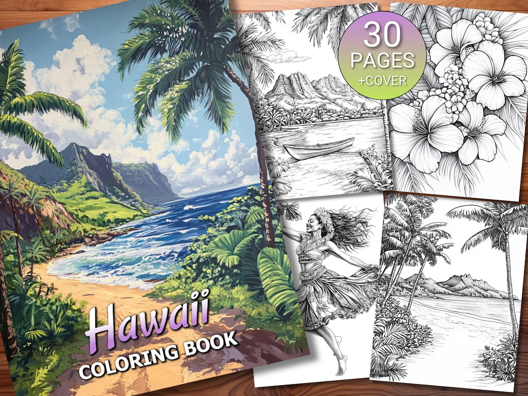 30 Hawaii Coloring Page Book - Adults + Kids - Instant Download ...