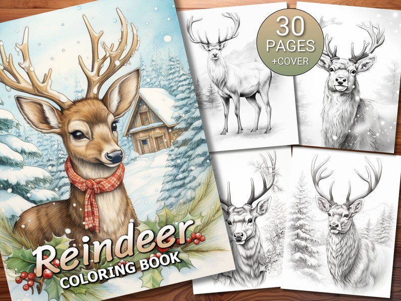 30 Reindeer Coloring Page Book Adults Kids Instant Download Grayscale ...
