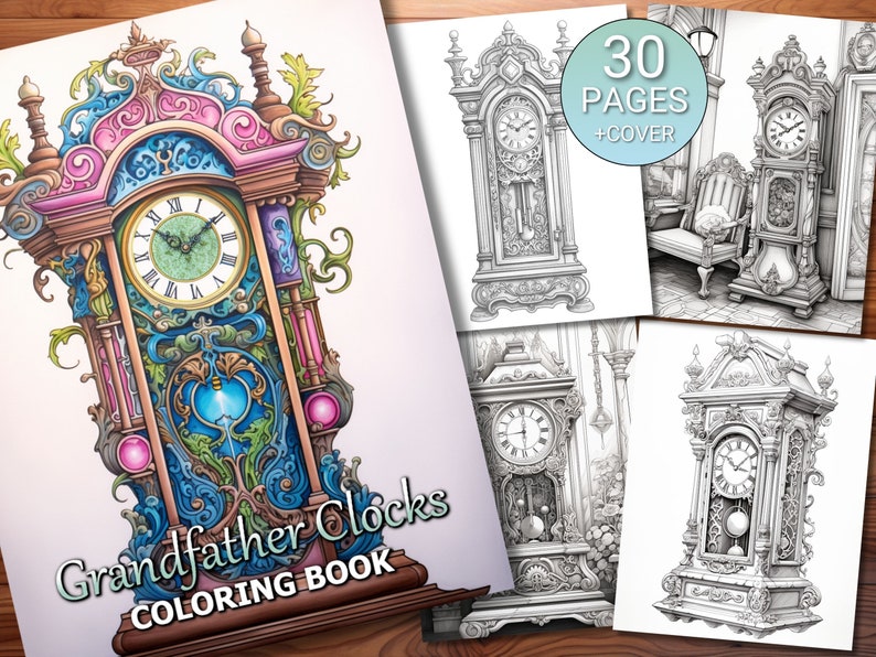 30 Grandfather Clocks Coloring Page Book Adults Kids Instant Download ...