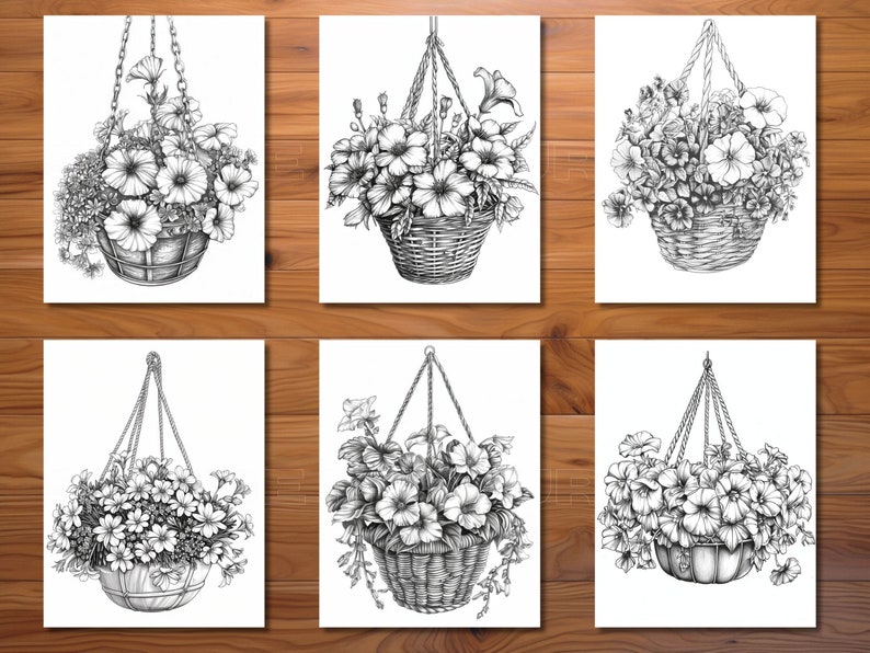 30 Hanging Flower Basket Coloring Page Book - Adults + Kids - Instant ...