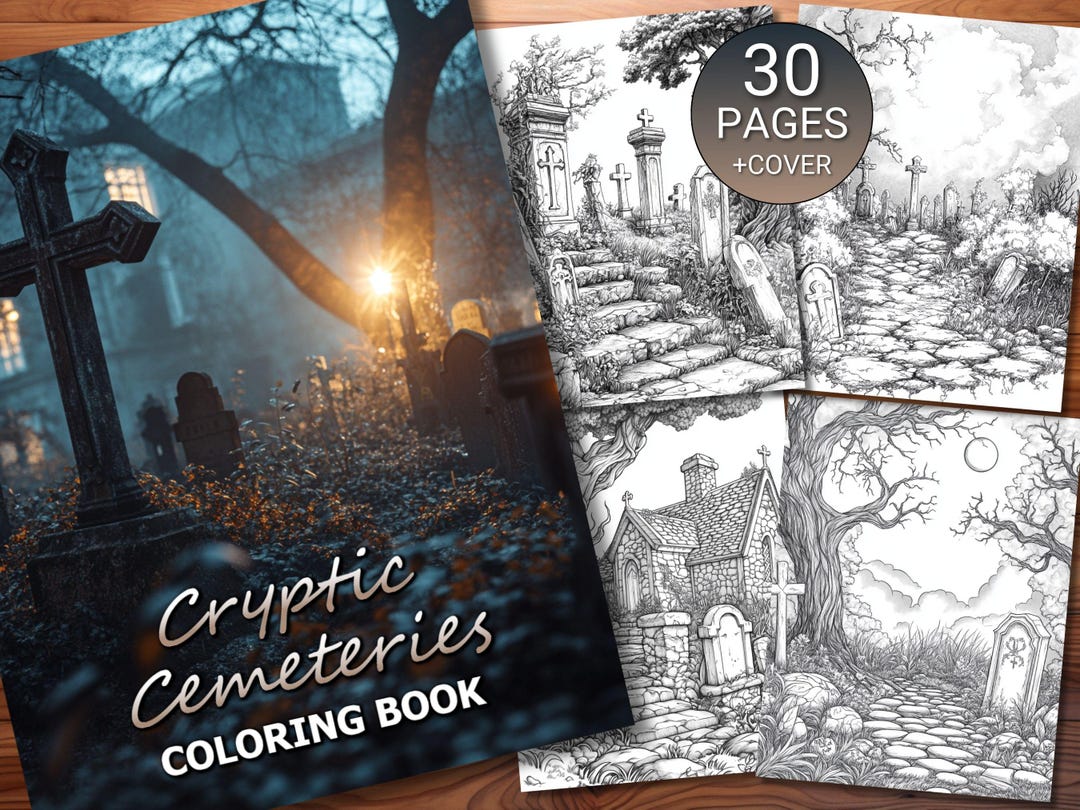 30 Cryptic Cemeteries Coloring Page Book - Adults + Kids - Instant ...