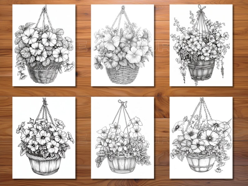 30 Hanging Flower Basket Coloring Page Book - Adults + Kids - Instant ...