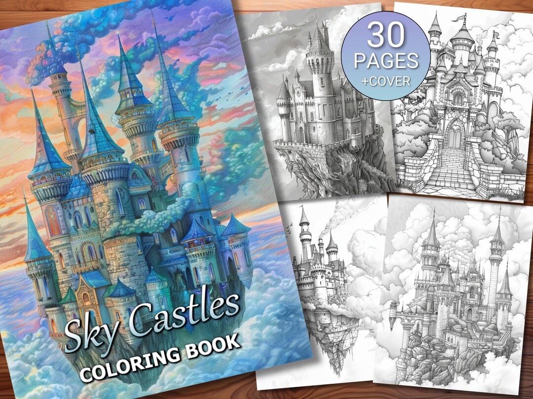 30 Sky Castles Coloring Page Book - Adults + Kids - Instant Download ...