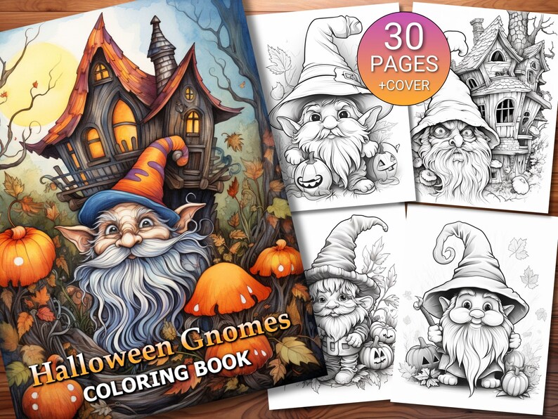 30 Halloween Gnomes Coloring Page Book Adults Kids Instant Download ...