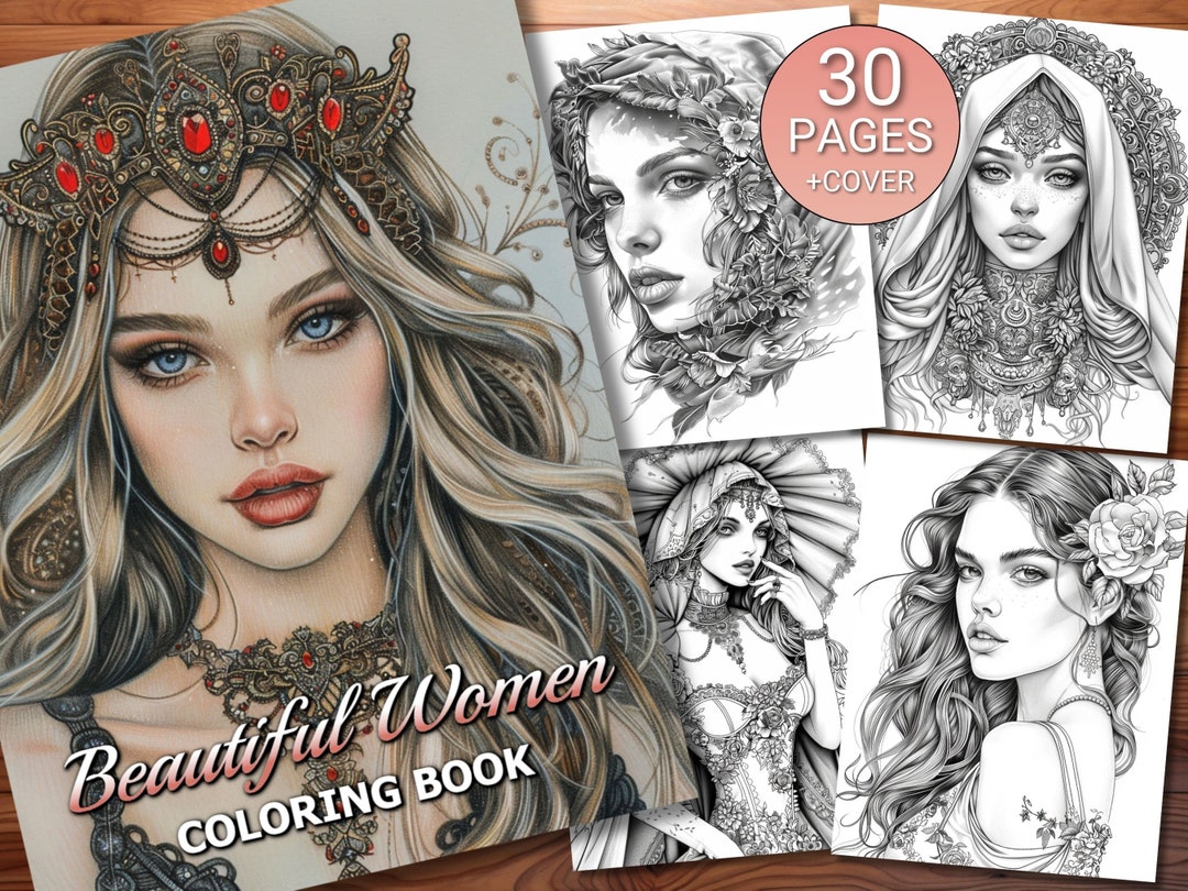 30 Beautiful Women Coloring Page Book - Adults + Kids - Instant ...