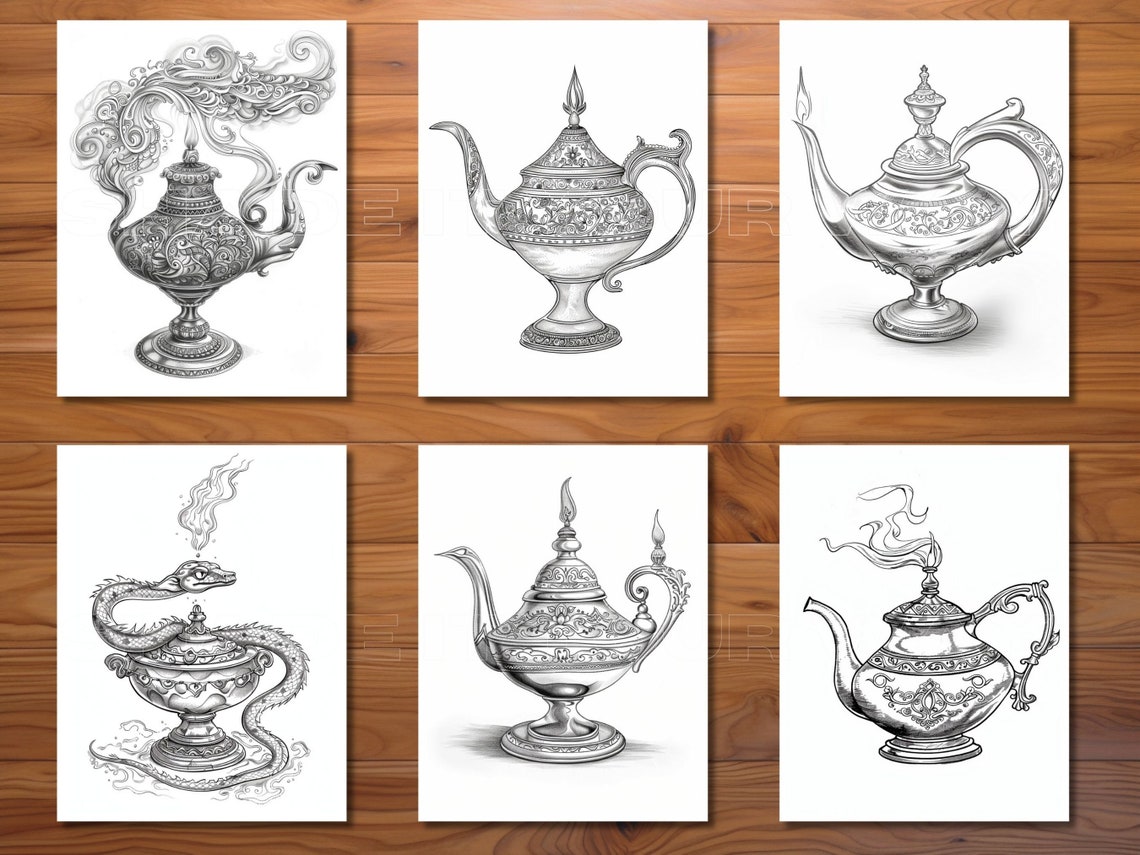 30 Magic Lamps Coloring Page Book - Adults + Kids - Instant Download ...