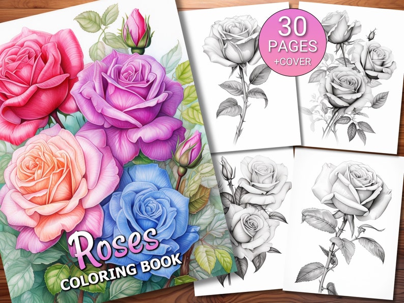 30 Roses Coloring Page Book Adults Kids Instant Download Grayscale ...