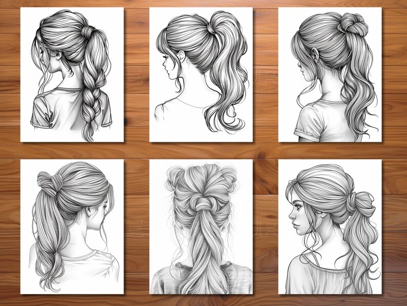 30 Ponytail Hairstyles Coloring Page Book - Adults + Kids - Instant ...