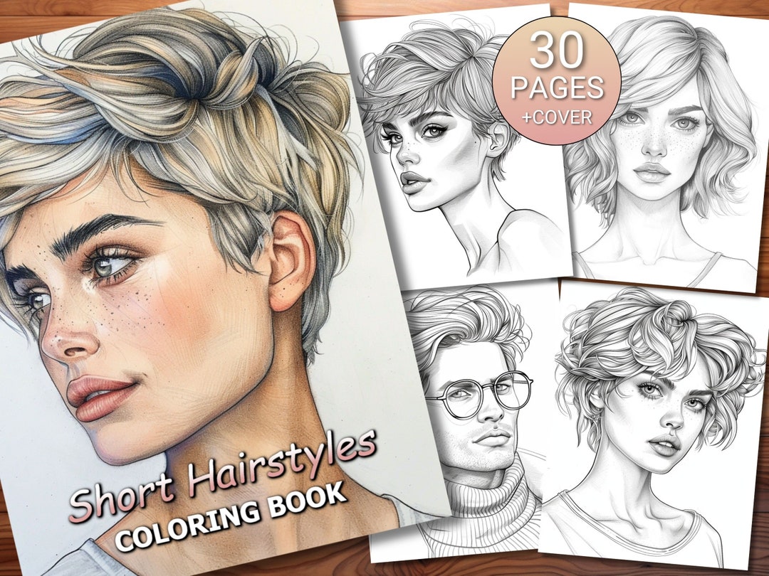 30 Short Hairstyles Coloring Page Book - Adults + Kids - Instant ...