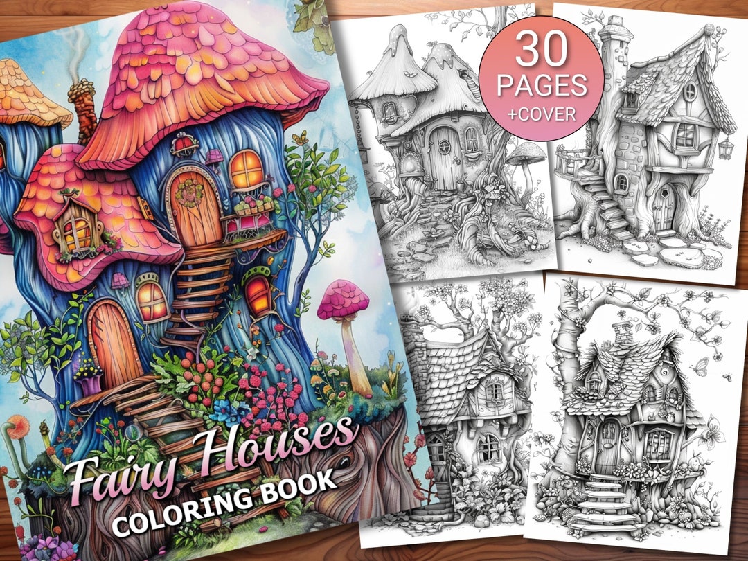 30 Fairy Houses Coloring Page Book - Adults + Kids - Instant Download ...