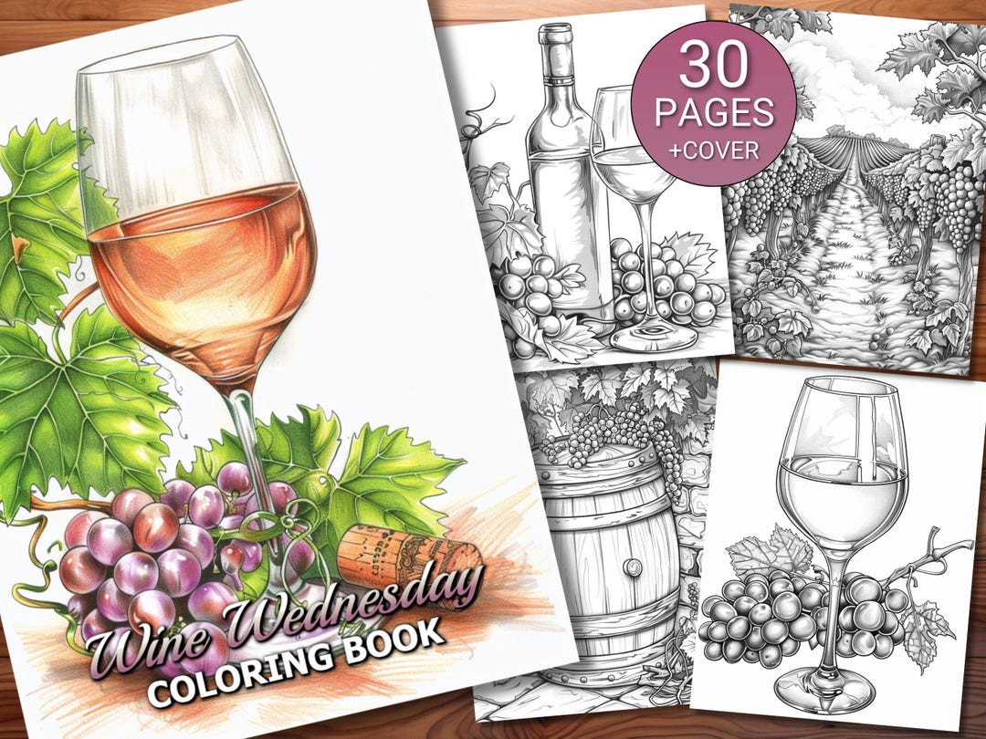 30 Wine Wednesday Coloring Page Book - Adults + Kids - Instant Download ...