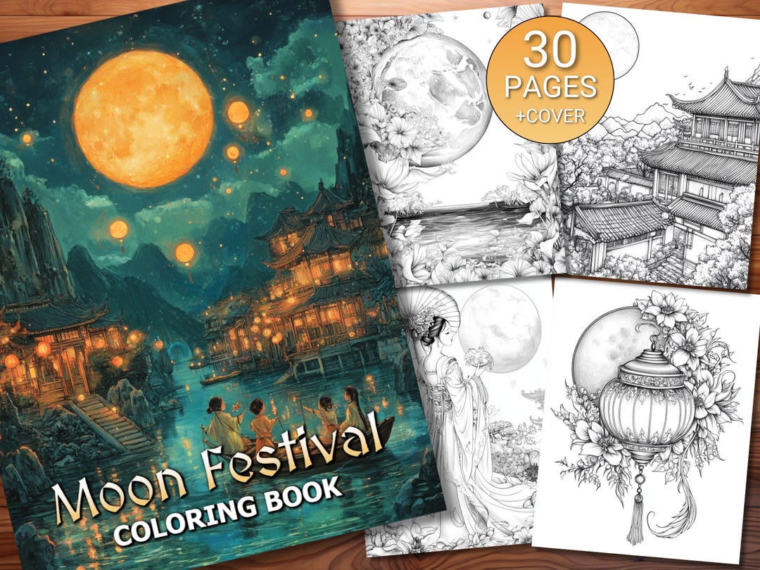 30 Moon Festival Coloring Page Book - Adults + Kids - Instant Download ...