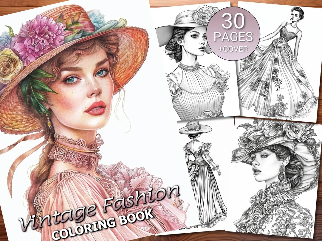 30 Vintage Fashion Coloring Page Book - Adults + Kids - Instant ...
