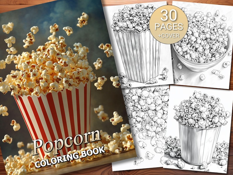30 Popcorn Coloring Page Book - Adults + Kids - Instant Download ...