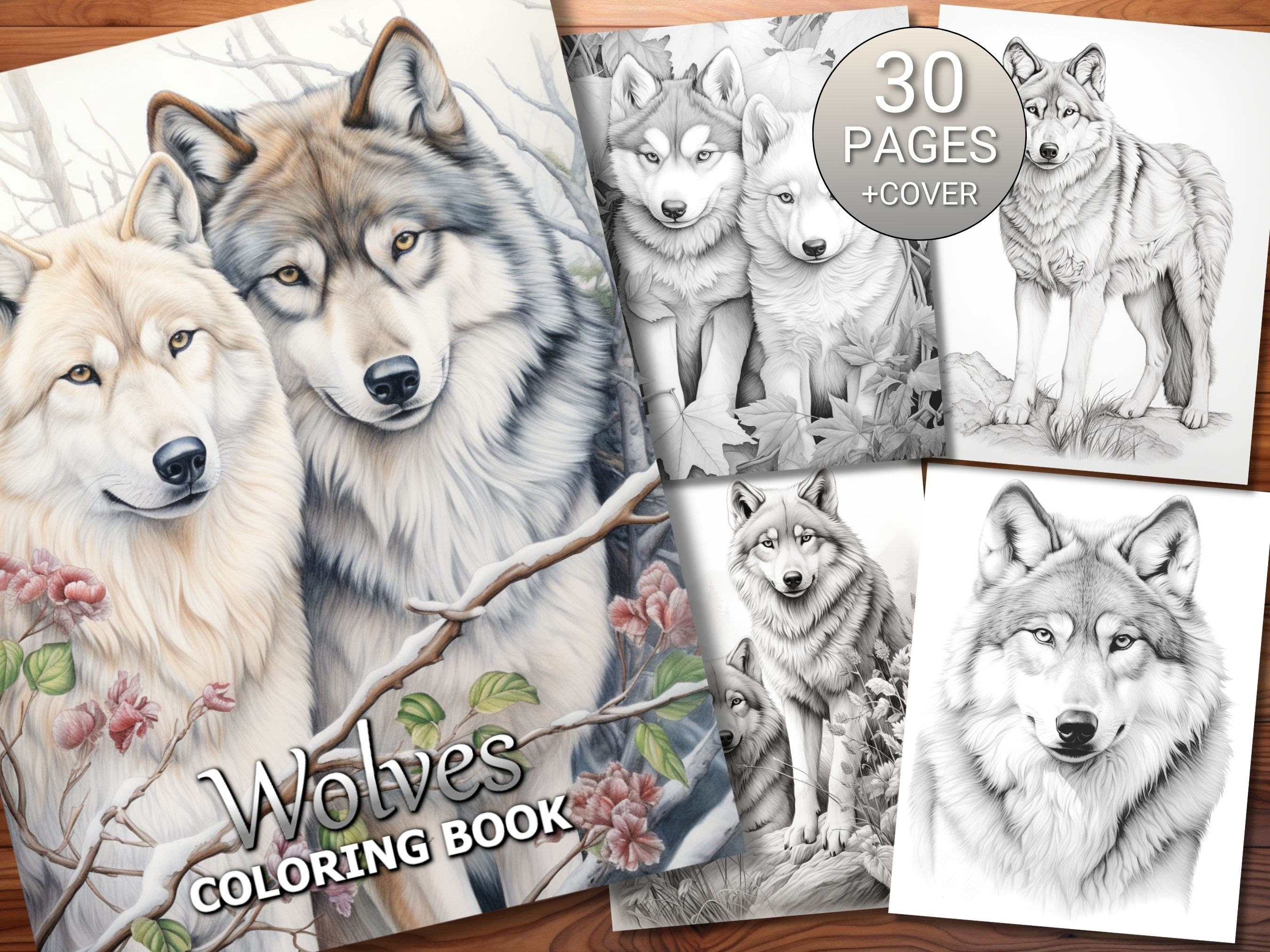 30 Wolves Coloring Page Book Adults Kids Instant Download Grayscale ...