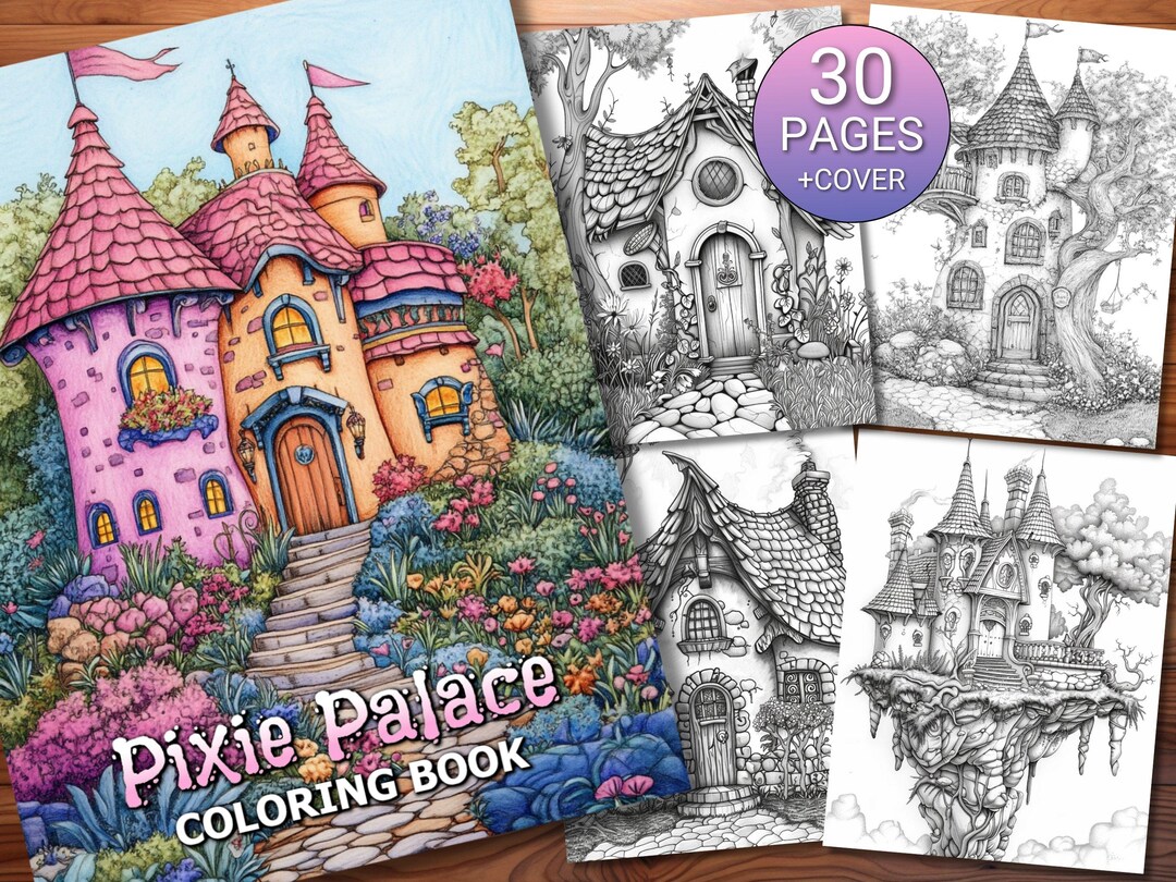 30 Pixie Palace Coloring Page Book - Adults + Kids - Instant Download - Grayscale Coloring Page ...