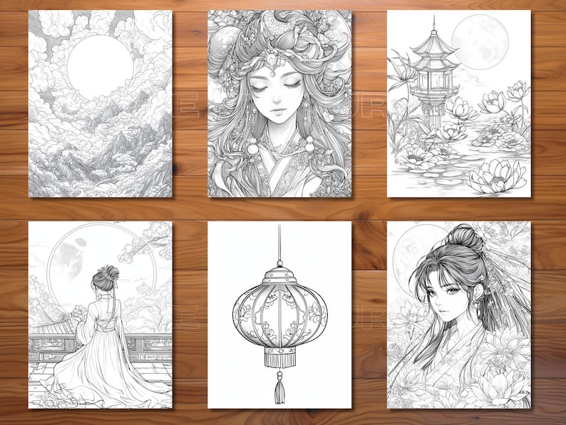 30 Moon Festival Coloring Page Book - Adults + Kids - Instant Download ...