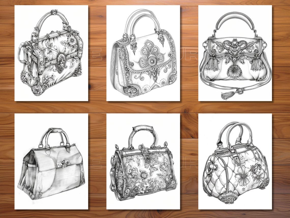 30 Vintage Handbags Coloring Page Book - Adults + Kids - Instant ...
