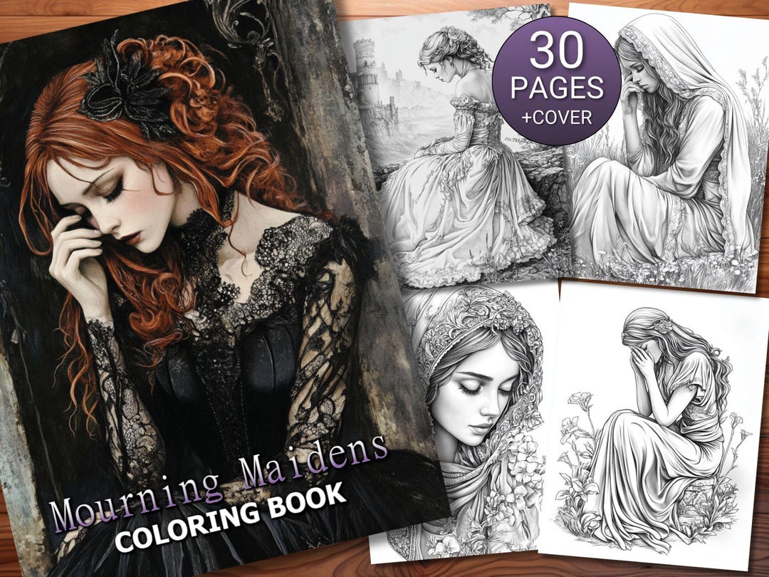 30 Mourning Maidens Coloring Page Book - Adults + Kids - Instant ...