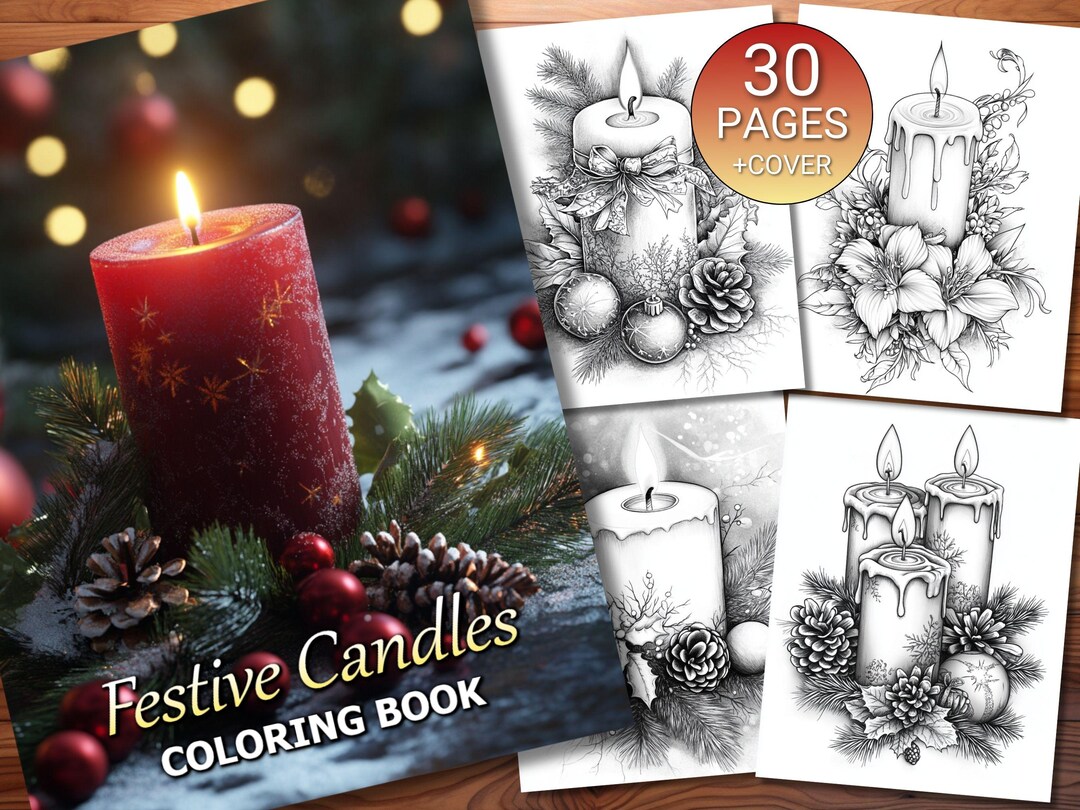 30 Festive Candles Coloring Page Book - Adults + Kids - Instant ...