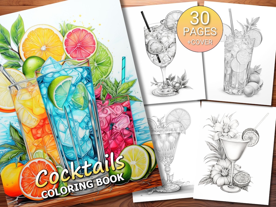 30 Cocktails Coloring Page Book - Adults + Kids - Instant Download ...