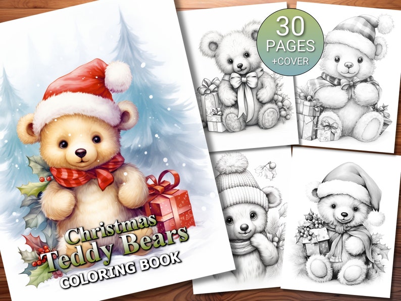 30 Christmas Teddy Bears Coloring Page Book Adults Kids Instant ...