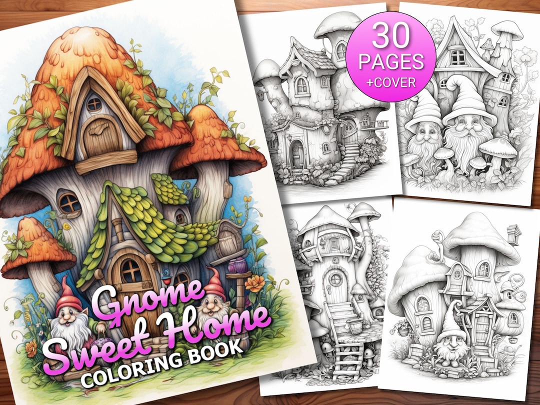 30 Gnome Sweet Home Coloring Page Book - Adults + Kids - Instant ...