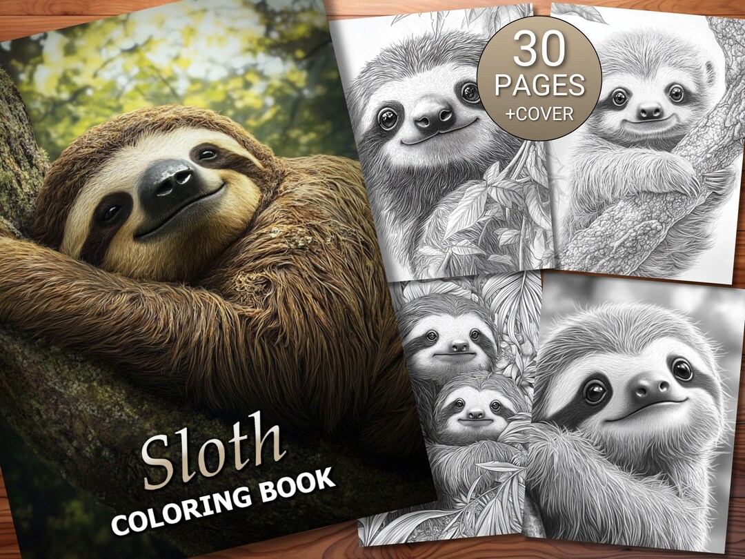 30 Sloth Coloring Page Book - Adults + Kids - Instant Download ...