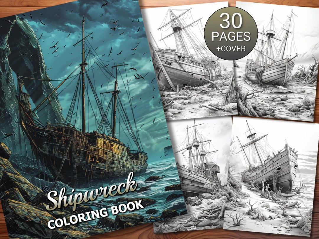 30 Shipwreck Coloring Page Book - Adults + Kids - Instant Download ...