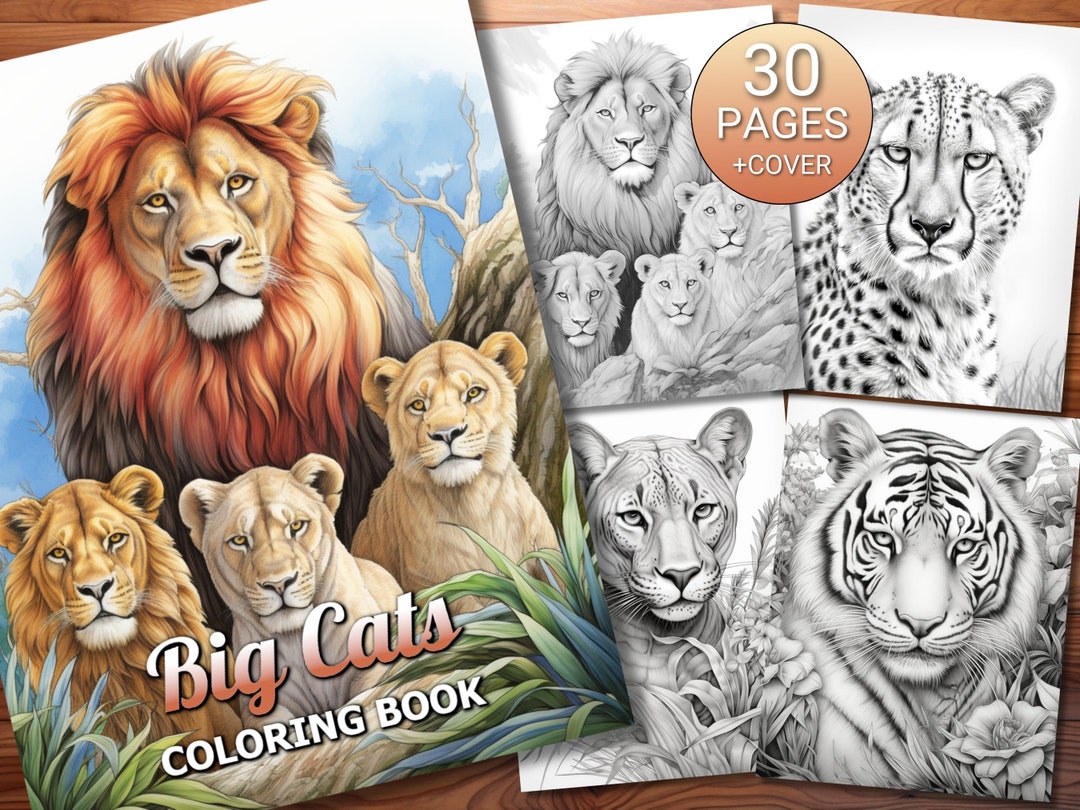 30 Big Cats Coloring Page Book - Adults + Kids - Instant Download ...