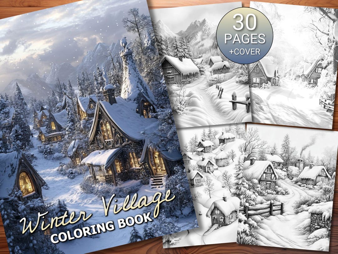 30 Winter Village Coloring Page Book - Adults + Kids - Instant Download ...