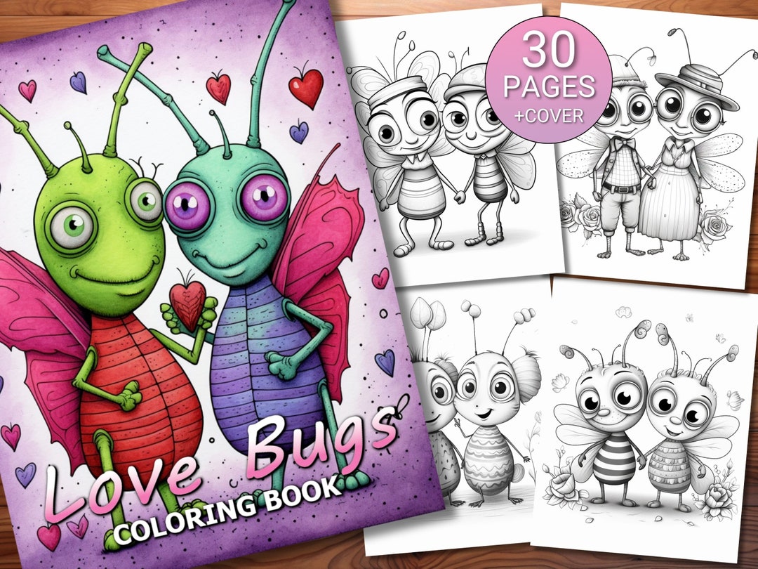 30 Love Bugs Coloring Page Book - Adults + Kids - Instant Download ...