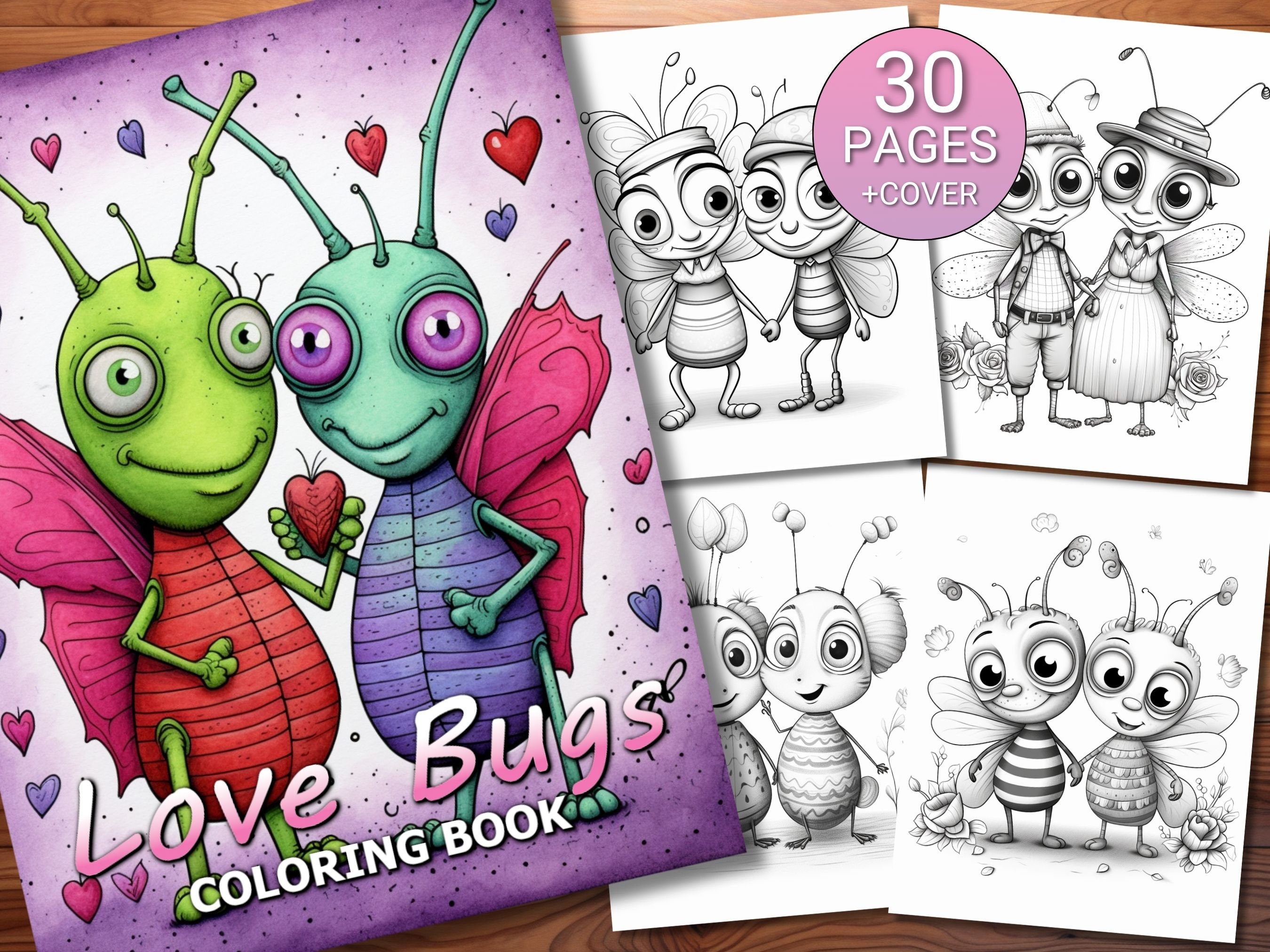 30 Love Bugs Coloring Page Book Adults Kids Instant Download Grayscale ...
