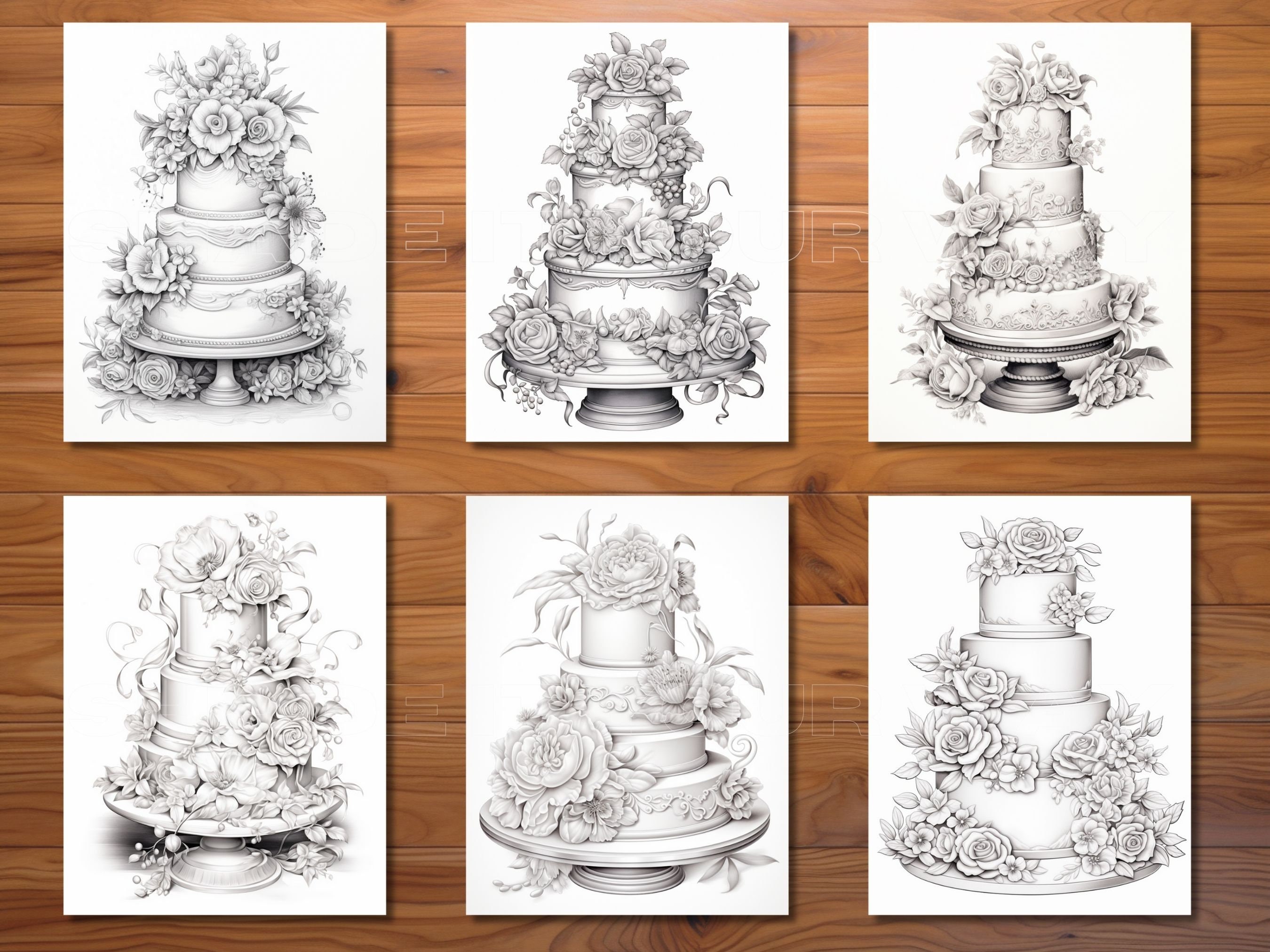 30 Floral Wedding Cakes Coloring Page Book - Adults + Kids - Instant ...