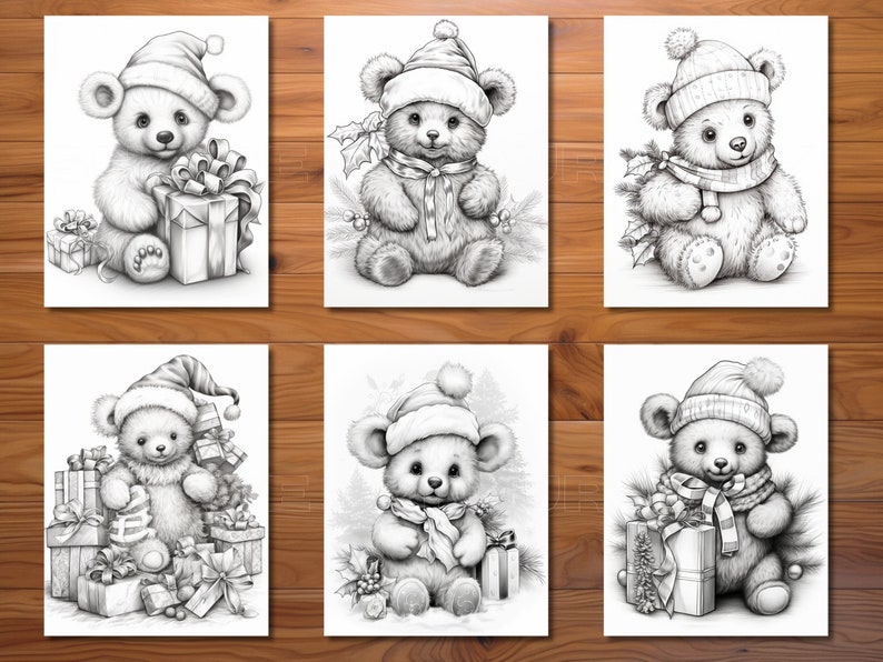 30 Christmas Teddy Bears Coloring Page Book - Adults + Kids - Instant ...