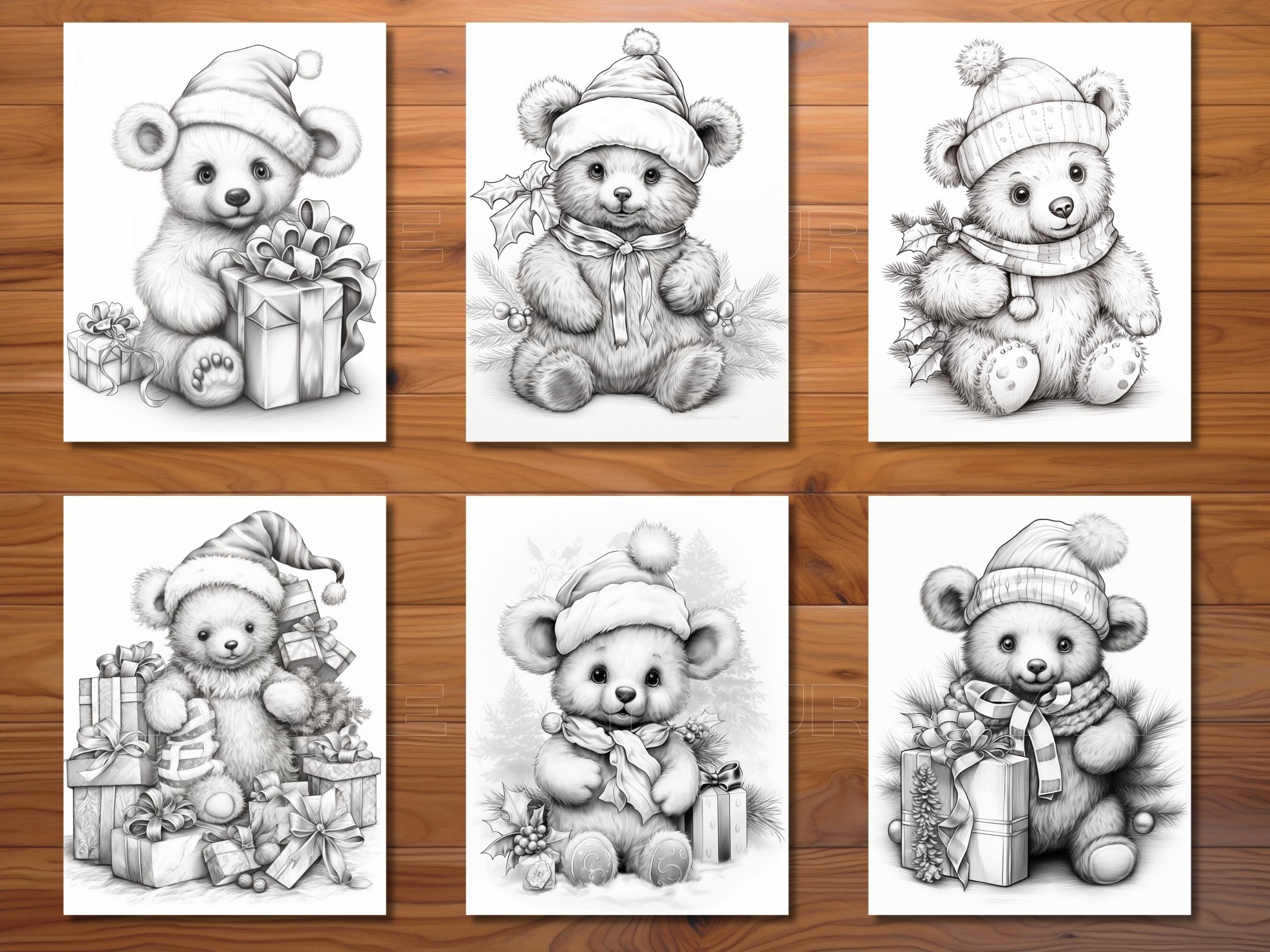 30 Christmas Teddy Bears Coloring Page Book Adults Kids Instant ...