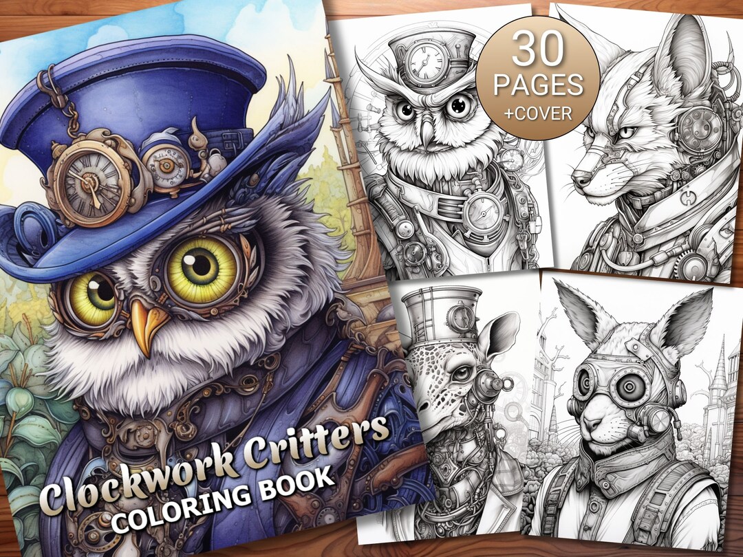30 Clockwork Critters Coloring Page Book - Adults + Kids - Instant ...