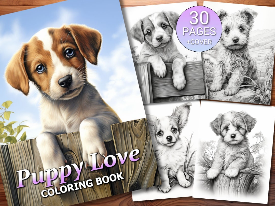 30 Puppy Love Coloring Page Book - Adults + Kids - Instant Download ...